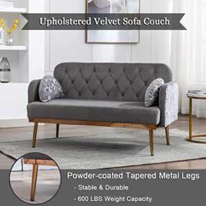 55-inch Small Velvet Sofa with Two Elegant Moon Shape Pillows, Modern Twin Size Accent Sofa Couch with Golden Metal Legs & Tufted Backrest & Delicate Armrests, Loveseat Sofa for Living Room, Grey