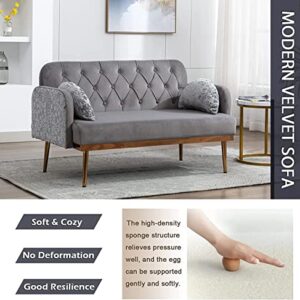 55-inch Small Velvet Sofa with Two Elegant Moon Shape Pillows, Modern Twin Size Accent Sofa Couch with Golden Metal Legs & Tufted Backrest & Delicate Armrests, Loveseat Sofa for Living Room, Grey