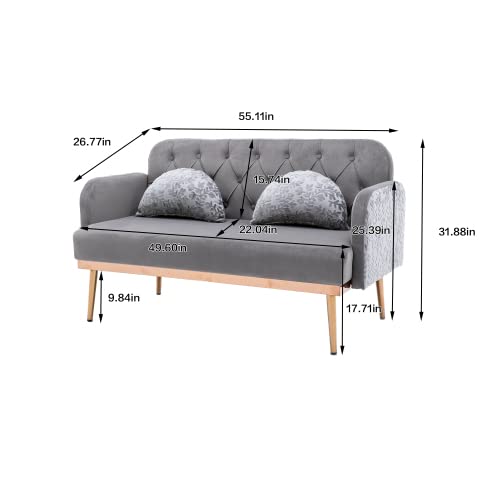 55-inch Small Velvet Sofa with Two Elegant Moon Shape Pillows, Modern Twin Size Accent Sofa Couch with Golden Metal Legs & Tufted Backrest & Delicate Armrests, Loveseat Sofa for Living Room, Grey