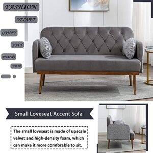 55-inch Small Velvet Sofa with Two Elegant Moon Shape Pillows, Modern Twin Size Accent Sofa Couch with Golden Metal Legs & Tufted Backrest & Delicate Armrests, Loveseat Sofa for Living Room, Grey