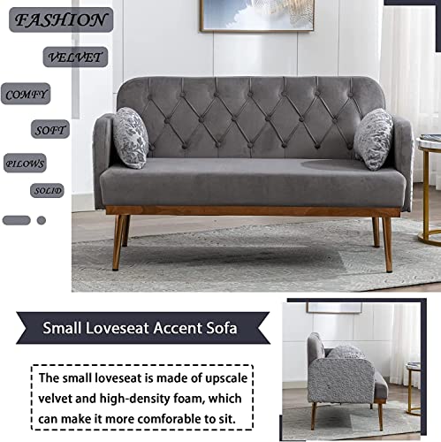 55-inch Small Velvet Sofa with Two Elegant Moon Shape Pillows, Modern Twin Size Accent Sofa Couch with Golden Metal Legs & Tufted Backrest & Delicate Armrests, Loveseat Sofa for Living Room, Grey