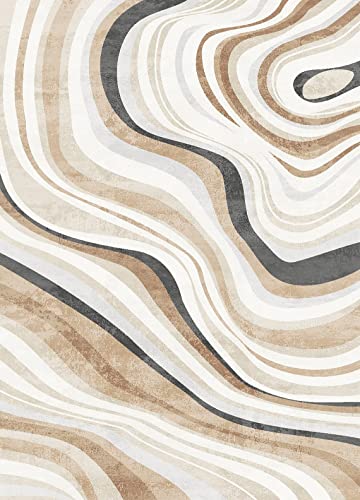 FINOREN Artistic Abstract Area Rug.Cream and Brown,4x6 Feet,Suitable for Bedroom,Living Room,Apartment,Machine Washable Non-Slip Soft Modern Interior Rug,Smudge-Proof,Non-Shedding.