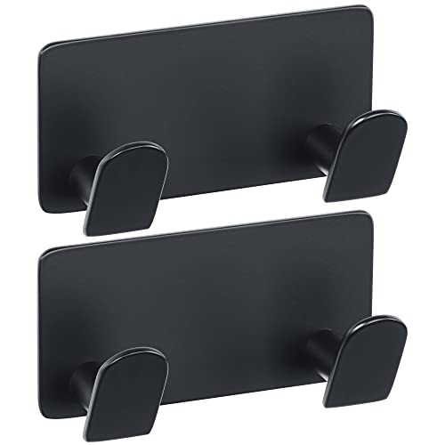 SAYAYO Black Coat Hooks for Wall, Adhesive Towel Hooks for Bathrooms, Heavy Duty Wall Hooks for Hanging, Stainless Steel Double Robe Hooks X 2 Packs