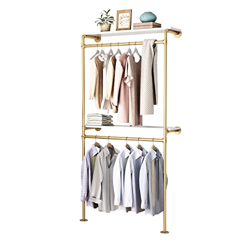 DR.IRON Gold Pipe Clothing Racks with 2 Tier Shelves, Wall Mounted Gold Clothes Rack with Double Hanging Rods Heavy Duty Garment Storage Rack Display Racks Rod for Clothes,Laundry Room