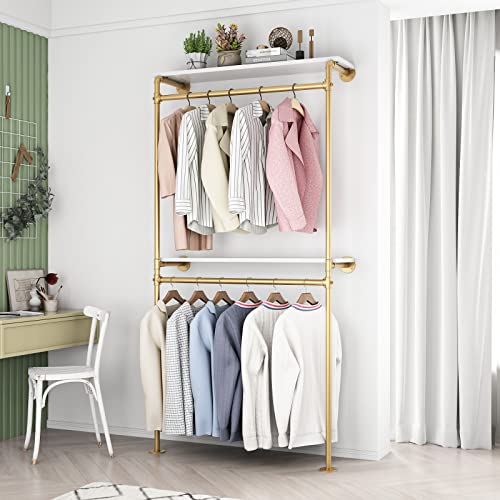 DR.IRON Gold Pipe Clothing Racks with 2 Tier Shelves, Wall Mounted Gold Clothes Rack with Double Hanging Rods Heavy Duty Garment Storage Rack Display Racks Rod for Clothes,Laundry Room