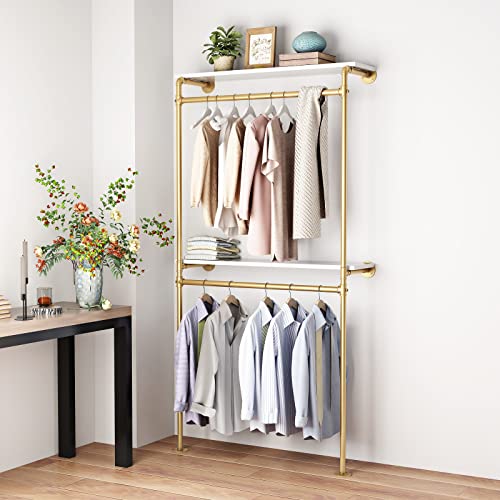 DR.IRON Gold Pipe Clothing Racks with 2 Tier Shelves, Wall Mounted Gold Clothes Rack with Double Hanging Rods Heavy Duty Garment Storage Rack Display Racks Rod for Clothes,Laundry Room