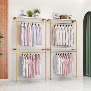 DR.IRON Gold Pipe Clothing Racks with 2 Tier Shelves, Wall Mounted Gold Clothes Rack with Double Hanging Rods Heavy Duty Garment Storage Rack Display Racks Rod for Clothes,Laundry Room