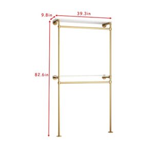 DR.IRON Gold Pipe Clothing Racks with 2 Tier Shelves, Wall Mounted Gold Clothes Rack with Double Hanging Rods Heavy Duty Garment Storage Rack Display Racks Rod for Clothes,Laundry Room