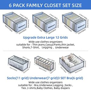 XJJX Closet Organizers and Storage, Draw Clothes Organizer, Jean Organizer for Closet, Wardrobe Closet Organizer for T-Shirts, Pants, Jeans, Bra, Socks, Underwear (3Pack 12Grids+3Pack Bra Socks)