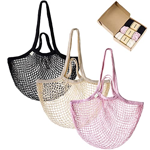 WOJEE Cotton mesh bags -Reusable Mesh Grocery Bags -Double handles net shopping bag-Mesh tote bag, fruit & vegetable market bags - 3 Pack (Beige, Pink, Black) -Large