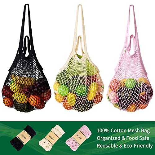 WOJEE Cotton mesh bags -Reusable Mesh Grocery Bags -Double handles net shopping bag-Mesh tote bag, fruit & vegetable market bags - 3 Pack (Beige, Pink, Black) -Large