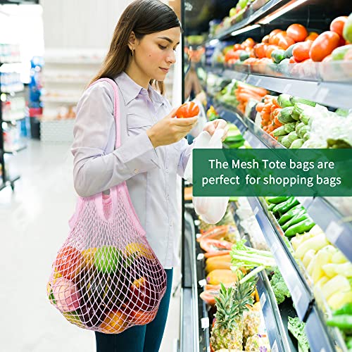 WOJEE Cotton mesh bags -Reusable Mesh Grocery Bags -Double handles net shopping bag-Mesh tote bag, fruit & vegetable market bags - 3 Pack (Beige, Pink, Black) -Large