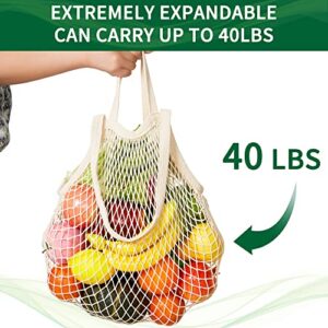 WOJEE Cotton mesh bags -Reusable Mesh Grocery Bags -Double handles net shopping bag-Mesh tote bag, fruit & vegetable market bags - 3 Pack (Beige, Pink, Black) -Large