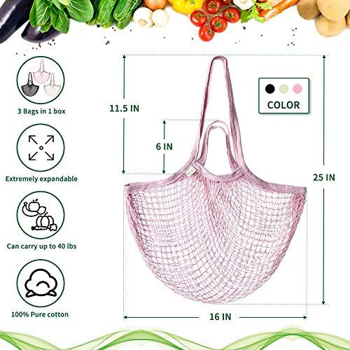 WOJEE Cotton mesh bags -Reusable Mesh Grocery Bags -Double handles net shopping bag-Mesh tote bag, fruit & vegetable market bags - 3 Pack (Beige, Pink, Black) -Large