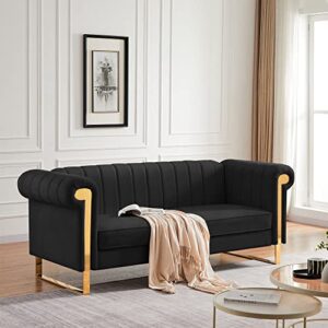 Tmosi 83'' Modern Velvet Upholstered Sofa Couch,3 Seat Sofa with Gold Stainless Steel Legs for Living Room,Bedroom,Apartment,Office (Black)