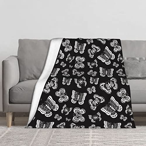 YEAHSPACE Butterfly Blanket Black White 50 x 60 Inches Flannel Throw for Bed Sofa Couch Travel Camp -Elegant Beautiful Black White Butterfly