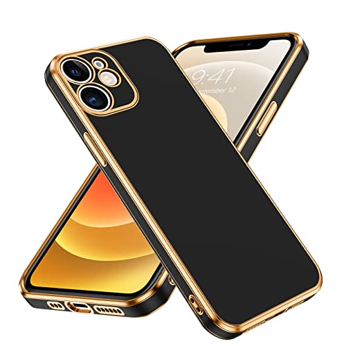 BENTOBEN Compatible with iPhone 12 Case, Slim Luxury Electroplated Bumper Women Men Girl Protective Soft Case Cover with Strap for iPhone 12 6.1 inch,Black/Gold