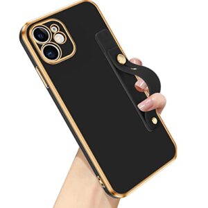 BENTOBEN Compatible with iPhone 12 Case, Slim Luxury Electroplated Bumper Women Men Girl Protective Soft Case Cover with Strap for iPhone 12 6.1 inch,Black/Gold