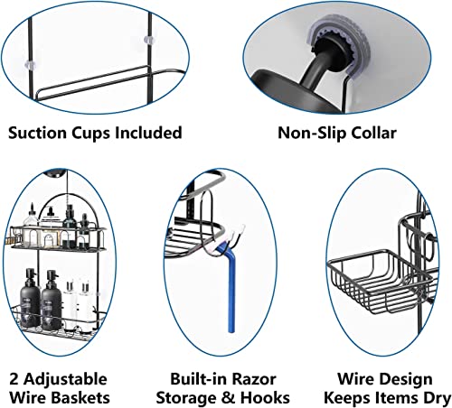 Neahom Hanging Shower Caddy Over Shower Head for Bathroom, Matte Black Stainless Steel Soap Holder & Razor Holder & Hooks, Hanging Shower Shelf Organizer, Storage Rack, Rustproof, Anti-Swing