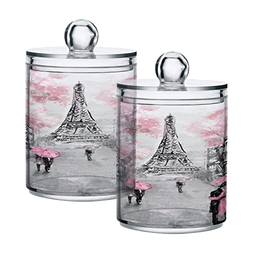 ALAZA Paris Eiffel Tower Artwork 2 Pack Qtip Holder Dispenser with Lid 14 Oz Clear Plastic Apothecary Jar Containers Jars Bathroom for Cotton Swab, Ball, Pads, Floss, Vanity Makeup Organizer