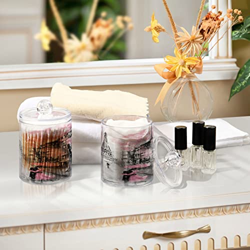 ALAZA Paris Eiffel Tower Artwork 2 Pack Qtip Holder Dispenser with Lid 14 Oz Clear Plastic Apothecary Jar Containers Jars Bathroom for Cotton Swab, Ball, Pads, Floss, Vanity Makeup Organizer