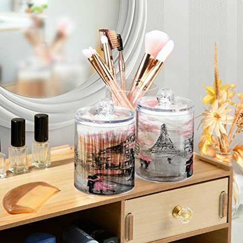 ALAZA Paris Eiffel Tower Artwork 2 Pack Qtip Holder Dispenser with Lid 14 Oz Clear Plastic Apothecary Jar Containers Jars Bathroom for Cotton Swab, Ball, Pads, Floss, Vanity Makeup Organizer