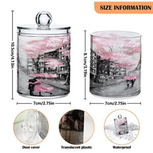 ALAZA Paris Eiffel Tower Artwork 2 Pack Qtip Holder Dispenser with Lid 14 Oz Clear Plastic Apothecary Jar Containers Jars Bathroom for Cotton Swab, Ball, Pads, Floss, Vanity Makeup Organizer