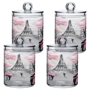 ALAZA Paris Eiffel Tower Artwork 2 Pack Qtip Holder Dispenser with Lid 14 Oz Clear Plastic Apothecary Jar Containers Jars Bathroom for Cotton Swab, Ball, Pads, Floss, Vanity Makeup Organizer