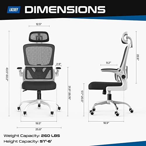 Laziiey Home Office Desk Chairs Ergonomic Chair with Lumbar Support Flip Up Arms Mesh Computer Chair with Comfortable Wide Seat Adjustable Headrest (White)