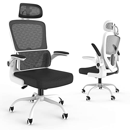 Laziiey Home Office Desk Chairs Ergonomic Chair with Lumbar Support Flip Up Arms Mesh Computer Chair with Comfortable Wide Seat Adjustable Headrest (White)