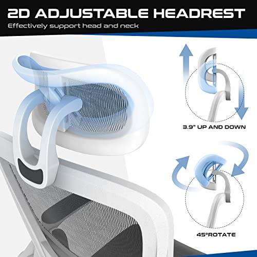 Laziiey Home Office Desk Chairs Ergonomic Chair with Lumbar Support Flip Up Arms Mesh Computer Chair with Comfortable Wide Seat Adjustable Headrest (White)