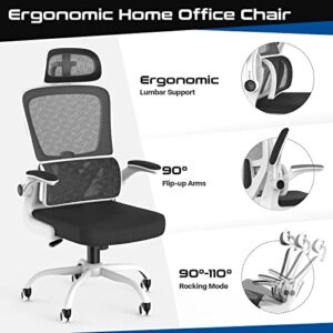 Laziiey Home Office Desk Chairs Ergonomic Chair with Lumbar Support Flip Up Arms Mesh Computer Chair with Comfortable Wide Seat Adjustable Headrest (White)