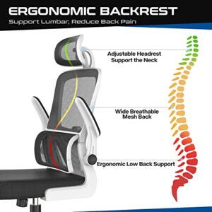 Laziiey Home Office Desk Chairs Ergonomic Chair with Lumbar Support Flip Up Arms Mesh Computer Chair with Comfortable Wide Seat Adjustable Headrest (White)