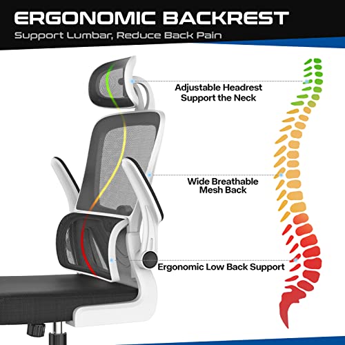 Laziiey Home Office Desk Chairs Ergonomic Chair with Lumbar Support Flip Up Arms Mesh Computer Chair with Comfortable Wide Seat Adjustable Headrest (White)