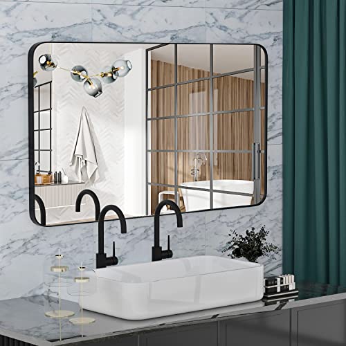 Floresita Black Bathroom Mirror for Wall 24 x 36 Inch Aluminum Alloy Metal Framed Mirror Non-Rusting Black Vanity Mirror Wall Mounted for Modern Farmhouse