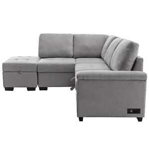 Merax Sofa Bed Sleeper Couch L Shaped Sofa with Storage Ottoman, L-Shape Sectional Couch with Comfortable backrest for Living Room and Small Apartment (Gray)