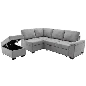 Merax Sofa Bed Sleeper Couch L Shaped Sofa with Storage Ottoman, L-Shape Sectional Couch with Comfortable backrest for Living Room and Small Apartment (Gray)