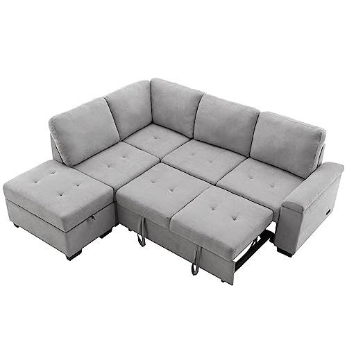 Merax Sofa Bed Sleeper Couch L Shaped Sofa with Storage Ottoman, L-Shape Sectional Couch with Comfortable backrest for Living Room and Small Apartment (Gray)