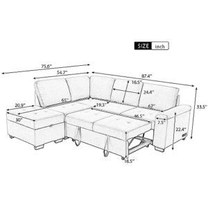 Merax Sofa Bed Sleeper Couch L Shaped Sofa with Storage Ottoman, L-Shape Sectional Couch with Comfortable backrest for Living Room and Small Apartment (Gray)