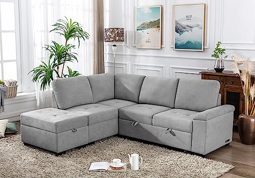 Merax Sofa Bed Sleeper Couch L Shaped Sofa with Storage Ottoman, L-Shape Sectional Couch with Comfortable backrest for Living Room and Small Apartment (Gray)