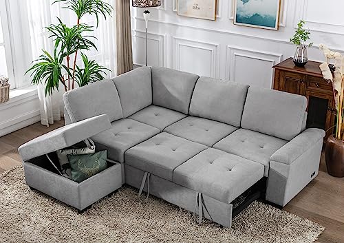 Merax Sofa Bed Sleeper Couch L Shaped Sofa with Storage Ottoman, L-Shape Sectional Couch with Comfortable backrest for Living Room and Small Apartment (Gray)