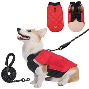 dog winter coat dog jacket for small medium dogs cold weather coats dog snowsuit with d-rings and dog leash reflective dog cat clothes vest waterproof windproof warm pet dog puffer jacket coats red l