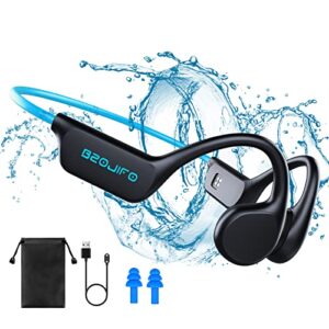 bzojifo waterproof bone conduction headphones, ipx8 waterproof swimming headphones 32gb mp3 player wireless bluetooth 5.3 open-ear headphones with mic call for swimming skiing driving cycling (blue)