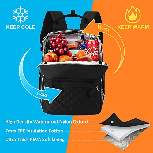 Wesugeyo Insulated Lunch Backpack Bag for Women Men, Multi Compartment Lunch Backpack Reusable Adults Lunch Cooler Box with Side Pockets Concealed Shoulder Strap for Picnic Work Camping Hiking (Black)