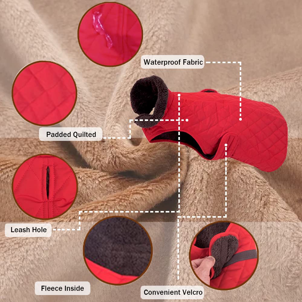 H.S.C PET Red Dogs Waterproof Soft-Shell Warm Cotton Jacket Fleece Inside Cold Weather Coats for Doggy & Puppy Velcro Easy Dressing & Undressing