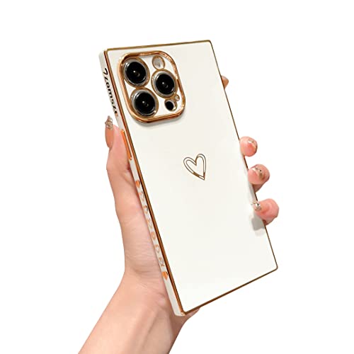 Tzomsze iPhone 14 Pro Max Square Case Cute for Women,Luxury Gold Plated Case Full Camera Protection, Raised Reinforced Corners TPU Shockproof Edge Bumper Cover 6.7 inches-Candy White