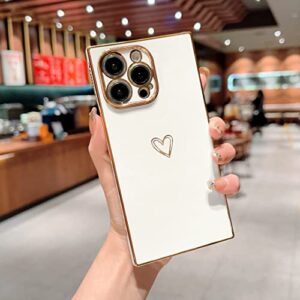 Tzomsze iPhone 14 Pro Max Square Case Cute for Women,Luxury Gold Plated Case Full Camera Protection, Raised Reinforced Corners TPU Shockproof Edge Bumper Cover 6.7 inches-Candy White