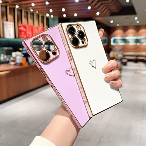 Tzomsze iPhone 14 Pro Max Square Case Cute for Women,Luxury Gold Plated Case Full Camera Protection, Raised Reinforced Corners TPU Shockproof Edge Bumper Cover 6.7 inches-Candy White