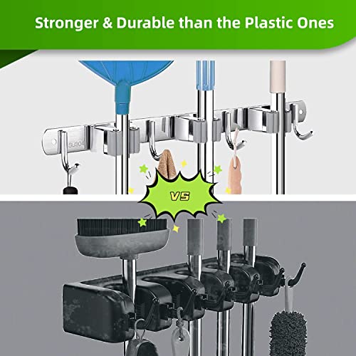 IELIO Pack Broom and Mop Holder Wall Mount with 4 Hooks 3 Racks, Organizer Mounted, Stainless Steel Storage, Heavy Duty Tools Hanger for Home, Kitchen, Garden, Garage, Laundry, Black and sliver, bh-2