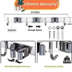 IELIO Pack Broom and Mop Holder Wall Mount with 4 Hooks 3 Racks, Organizer Mounted, Stainless Steel Storage, Heavy Duty Tools Hanger for Home, Kitchen, Garden, Garage, Laundry, Black and sliver, bh-2